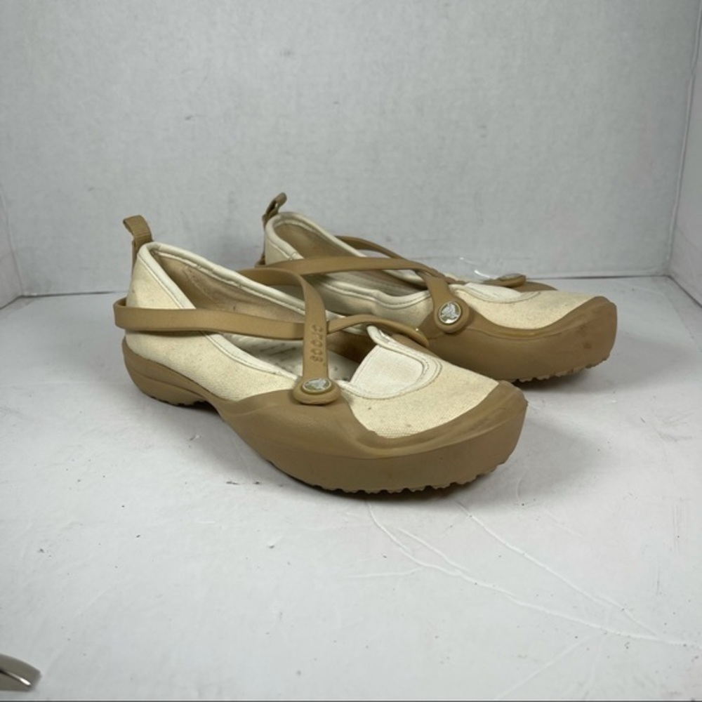 Crocs Celeste Cross Strap Slip-On Canvas Tan Size 4 - Gem